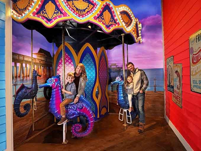 A seahorse carousel inside an aquarium, because apparently Branson decided normal was never really an option.