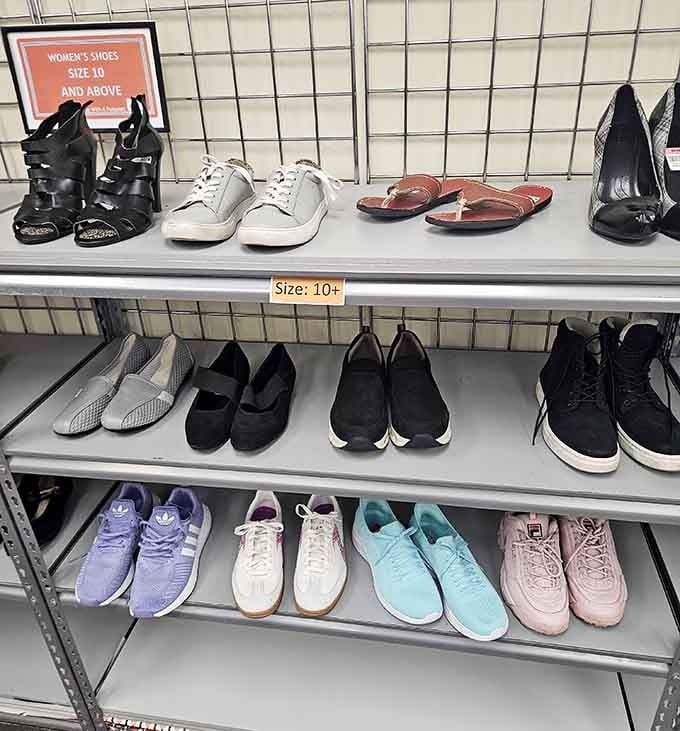 Sneakers, heels, flats, and sandals all organized by size, because nobody has time for a mismatched shoe scramble.