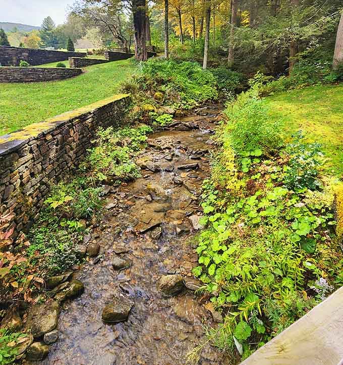 A babbling stream winding alongside ancient stone walls, the kind of soundtrack that makes every other playlist feel completely unnecessary.