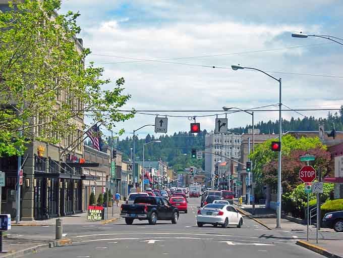 Commercial Street on a typical day: real people, real businesses, and traffic that won't trigger road rage.