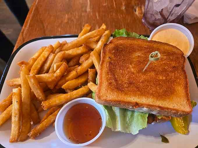 A toasted sandwich with golden fries and dipping sauces. The kind of lunch that makes the whole afternoon better.