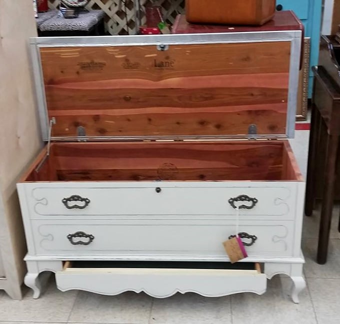 A vintage Lane cedar chest, painted white and full of character, ready to anchor any room beautifully.