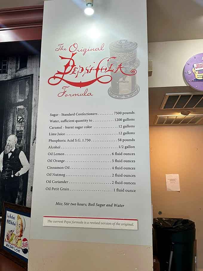 Sugar, caramel, lime juice, lemon oil, nutmeg, and more. The original Pepsi-Cola formula, displayed right there on the wall.