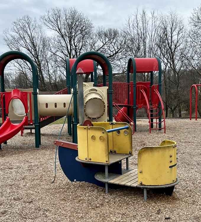 The playground is ready and waiting, because little legs need somewhere to burn off all that trail energy.
