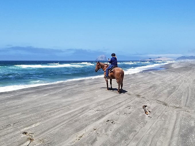 A lone rider, a big sky, and Haystack Rock in the distance. Some views belong on a movie poster.