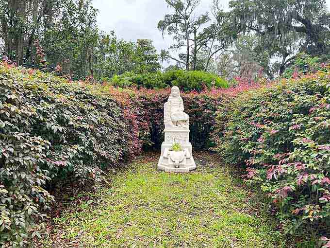 Tucked between lush hedges, this serene statue reminds you that Bonaventure always has one more surprise waiting.