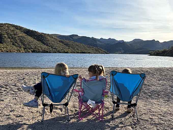 Beach chairs and mountain views create the kind of contradiction that somehow works perfectly here.