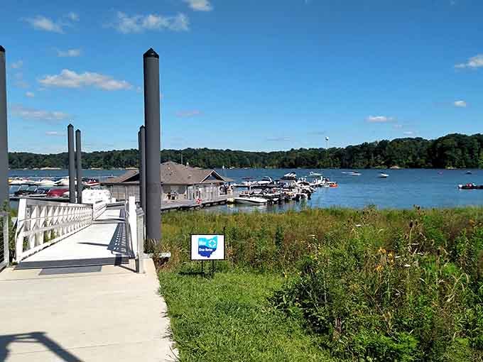 Boats lined up at the marina on a sunny day, because Caesar Creek Lake means serious business on the water.