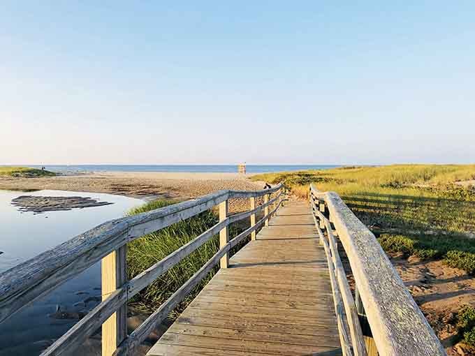 A wooden boardwalk leading straight to open sky and open water. Ridgevale Beach doesn't need a filter or a caption, honestly.