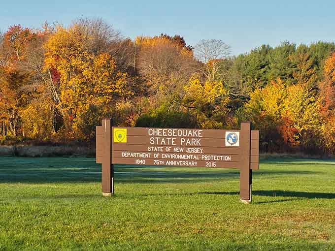 The sign says Cheesequake State Park, and yes, it still makes you smile every single time.