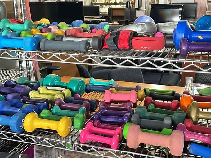 Rows of colorful dumbbells ready to go, because your home gym deserves a second chance too.