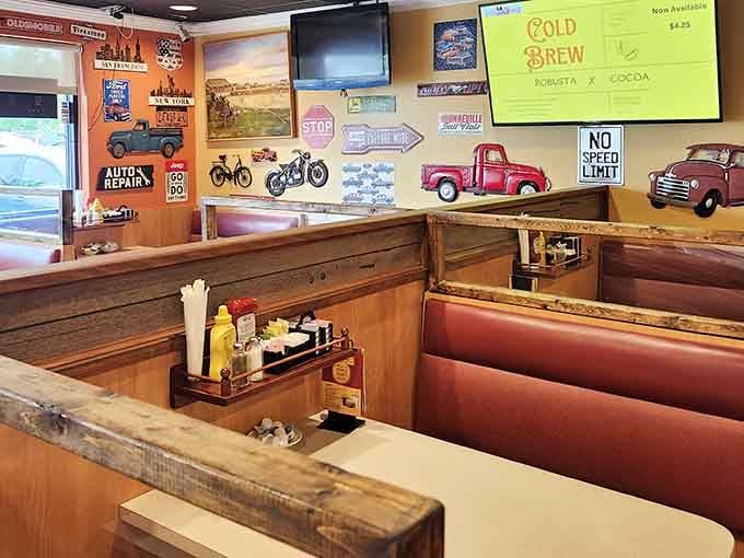 Vintage motorcycles and classic car memorabilia on the walls transport you back to simpler times when diners ruled breakfast.