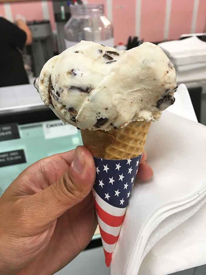 A generously scooped cone wrapped in stars and stripes. Eating ice cream here feels genuinely, unironically patriotic.