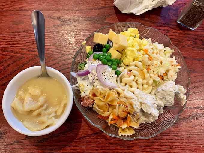 A salad plate loaded with color, texture, and personality, paired with a warm bowl of soup that means business.