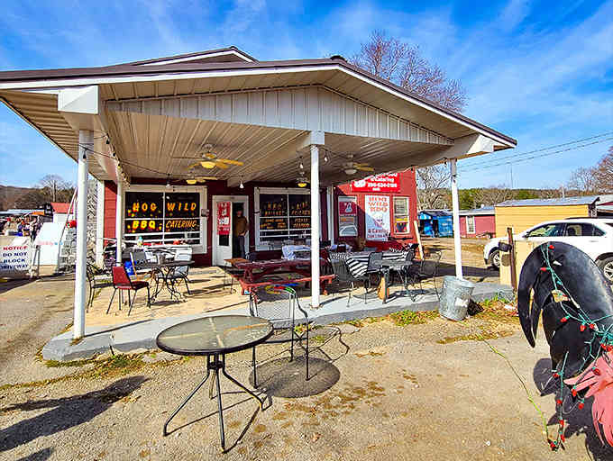 Outdoor seating invites weary shoppers to rest their feet and plan their next strategic sweep through the aisles.