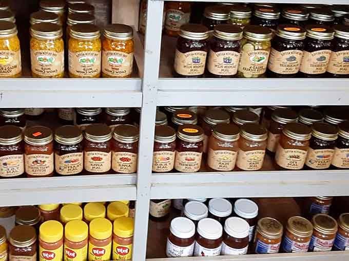 Shelves of jarred jams, jellies, and relishes &mdash; Cooper's general store side is just as serious as the BBQ.