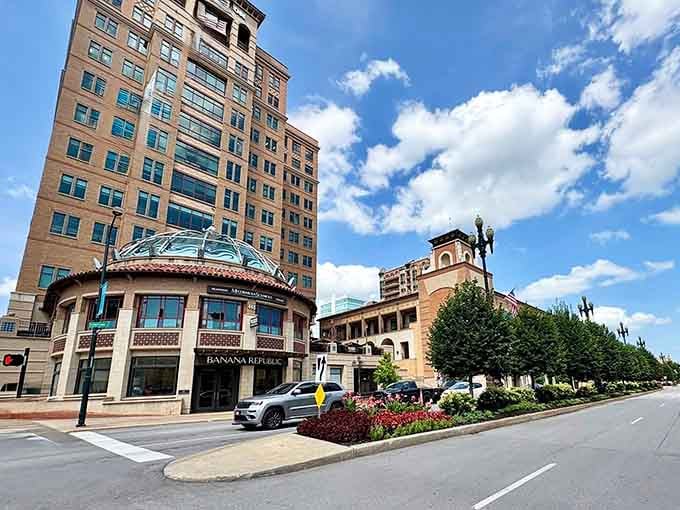 Banana Republic sits beneath Spanish-style towers on a tree-lined boulevard, making even a casual shopping trip feel cinematic.