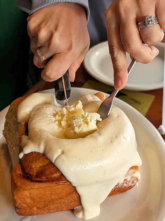 That cinnamon roll isn't just breakfast, it's a full commitment requiring two hands and zero regrets.