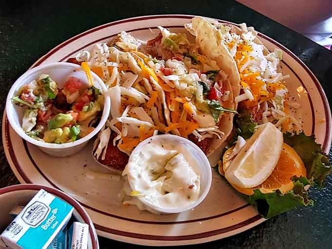 Fish tacos in Hebron, Illinois, loaded with slaw, cheese, and fresh toppings. Nobody saw this coming, but nobody's complaining.