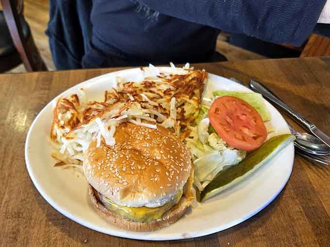 A proper cheeseburger with golden hash browns, because sometimes lunch deserves the same respect as breakfast.