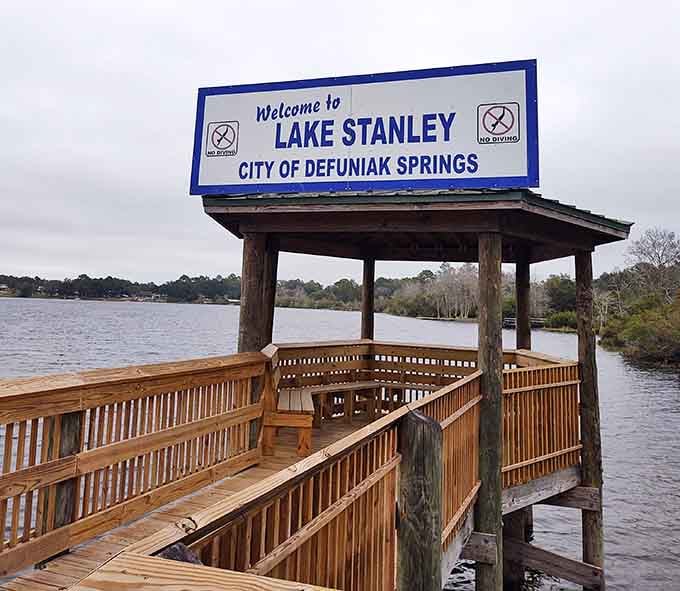 Lake Stanley welcomes you with a wooden dock and zero pretension. Pull up a bench and stay a while.