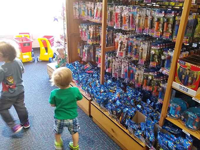 Two tiny explorers discovering the PEZ aisle, experiencing the kind of wonder that no theme park can manufacture.