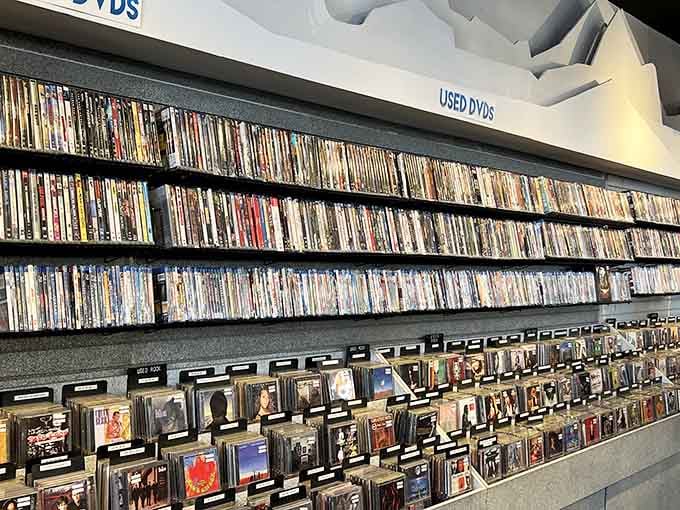 Used DVDs stacked floor to ceiling, proof that Down In The Valley never met a format it didn't respect.