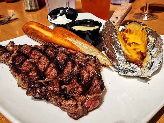 A steak so beautifully charred it could make a vegetarian pause and reconsider their life choices momentarily.