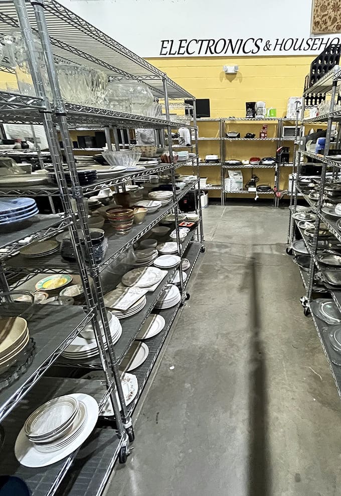 Rows of dishes, bowls, and platters lined up on rolling shelves under the Electronics and Household sign, your kitchen called and it wants all of this.