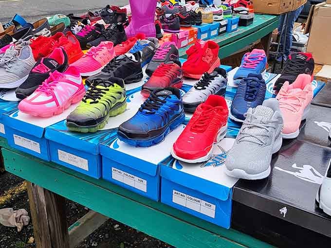 Sneakers in every color imaginable line tables, proving comfortable shoes aren't just for walking the market.