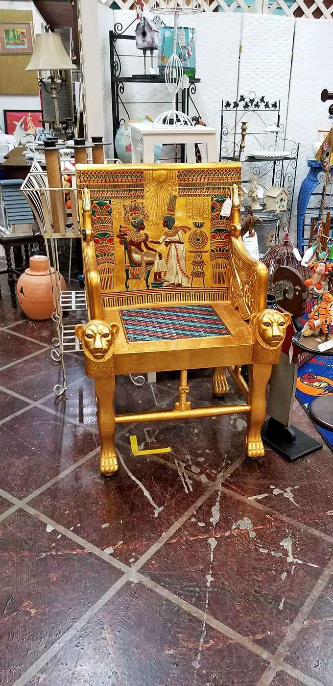Somewhere between ancient Egypt and a Huntsville antique mall, this gilded throne found its forever home.
