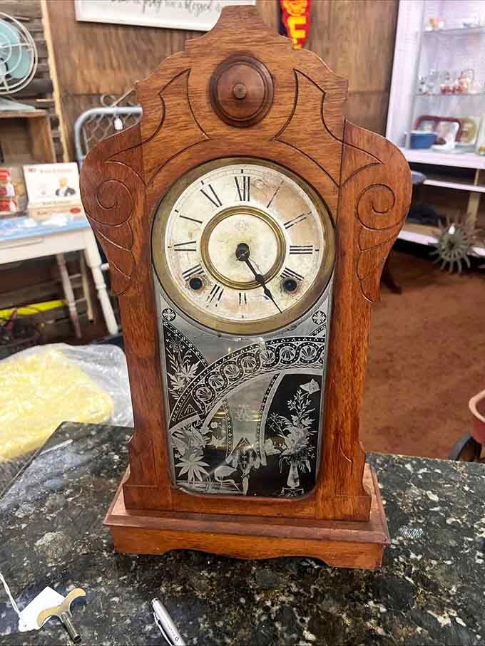 This ornate wooden clock has been keeping time longer than most of us have been keeping New Year's resolutions.