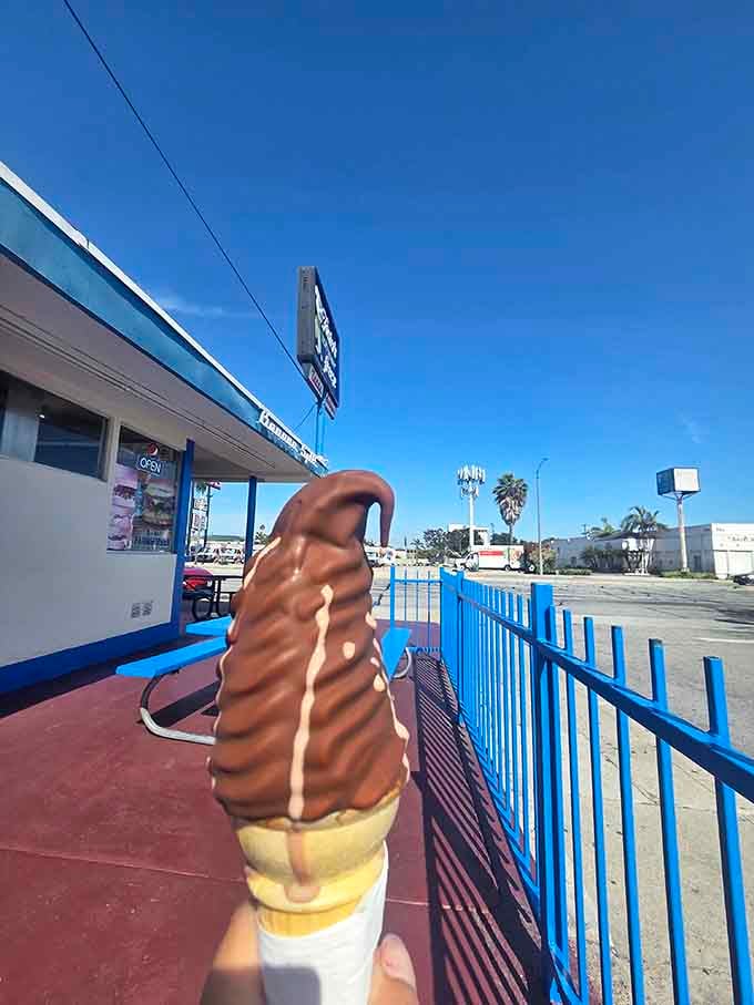 Soft serve perfection swirled high, proving some things genuinely improve when you add chocolate to vanilla's party.