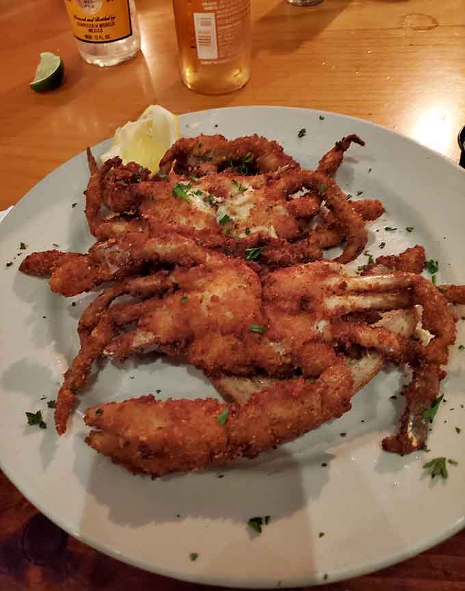 Golden, crispy soft shell crabs piled high on a plate, a Shore classic done with serious confidence.