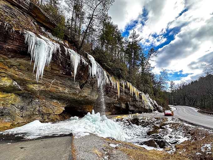 Even in winter, the Cullasaja Gorge puts on a show, trading green leaves for dramatic curtains of ice.