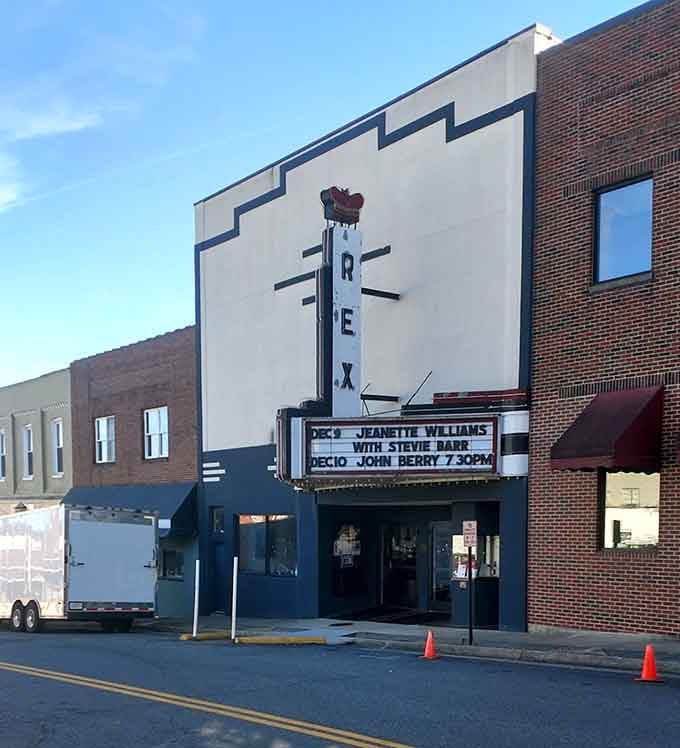 The Rex Theater's vintage marquee still announces live bluegrass shows, keeping mountain music traditions gloriously alive.