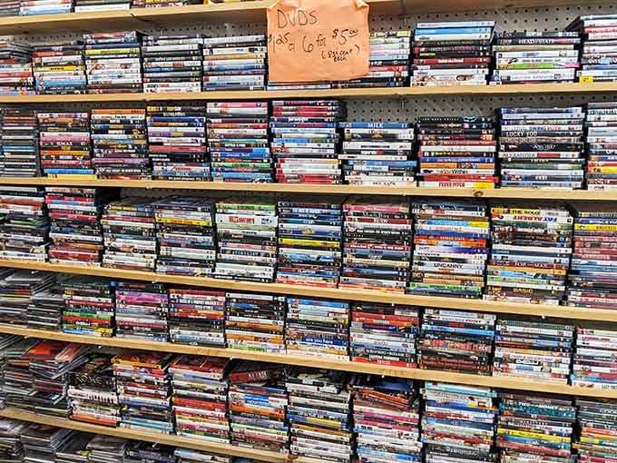 DVDs stacked floor to ceiling &ndash; a physical media lover's paradise in our streaming-obsessed world.