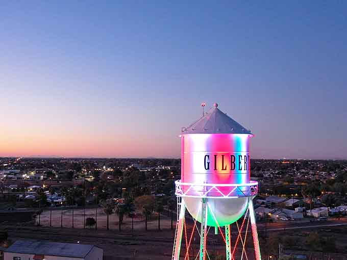 Gilbert's iconic water tower lights up the night sky like the town's own personal celebration beacon.