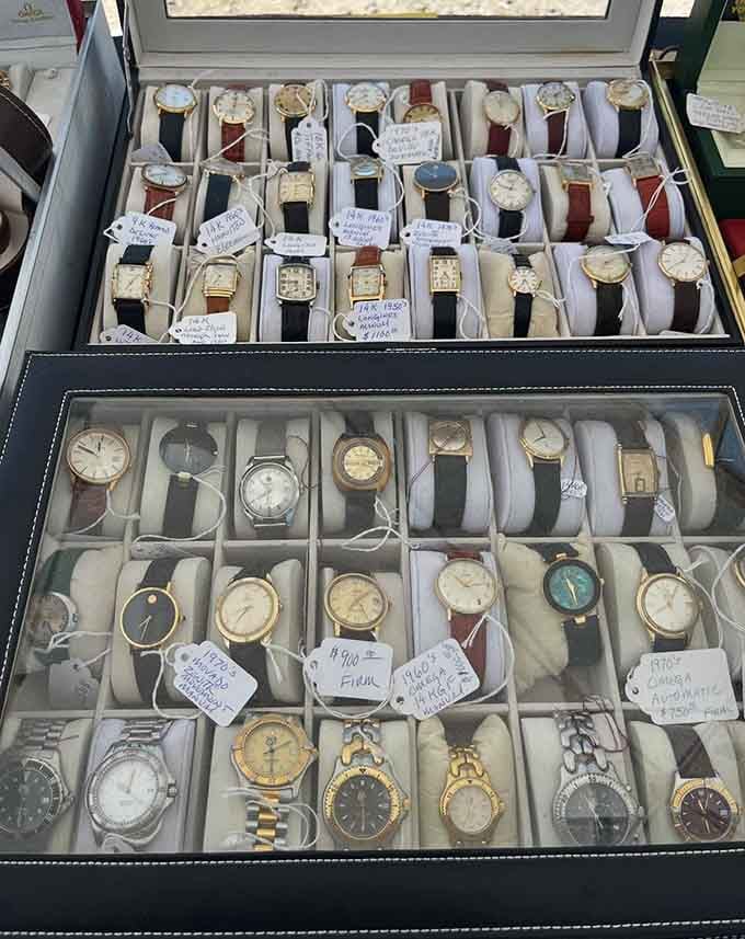 Vintage Omega and Longines watches lined up like old gentlemen at a reunion, each one still keeping perfect time.