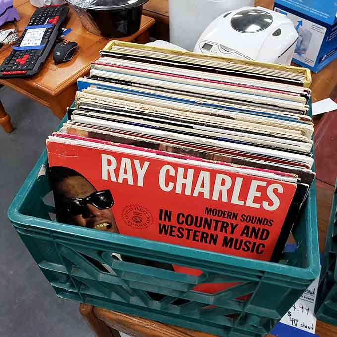 Ray Charles staring up from a crate of vinyl records, reminding you that great music never really goes out of style.