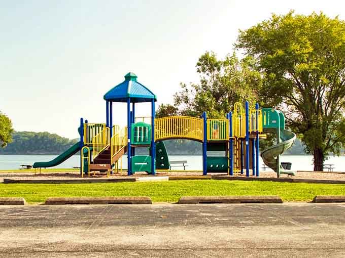 A lakeside playground so well-positioned, the kids get slides and the parents get a view. Everybody wins here.