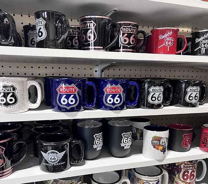 Route 66 mugs in every shade imaginable, because your morning coffee deserves a little highway history too.