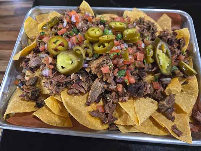 Barbecue nachos loaded with meat and jalapeños prove that fusion food can be absolutely glorious when done right.
