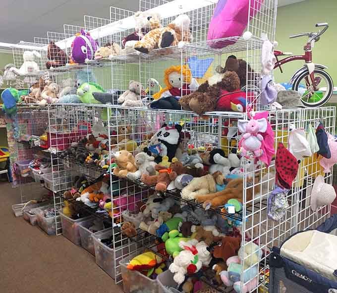 Towers of stuffed animals in wire bins, with a classic red tricycle peeking in from the background like a cameo appearance.