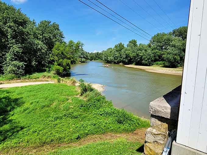 The East Fork of the White River curves lazily past the bridge, completely unbothered and absolutely gorgeous.