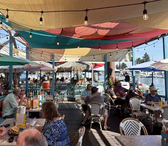 Colorful shade sails, string lights, and boats in the background. This is what a good afternoon looks like.