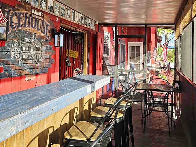The covered porch counter at Joanie's, where cold beer and good conversation flow in equal measure.