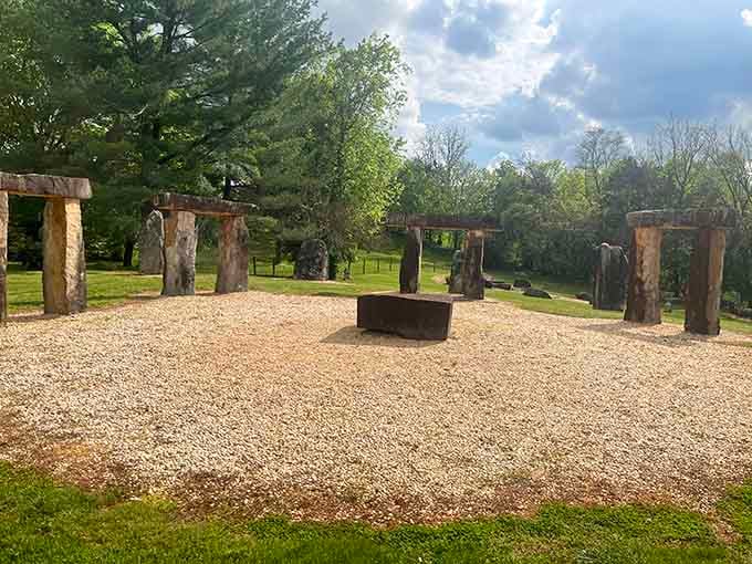 The main circle in full spring glory, fire pit centered like it's hosting the world's most atmospheric cookout.