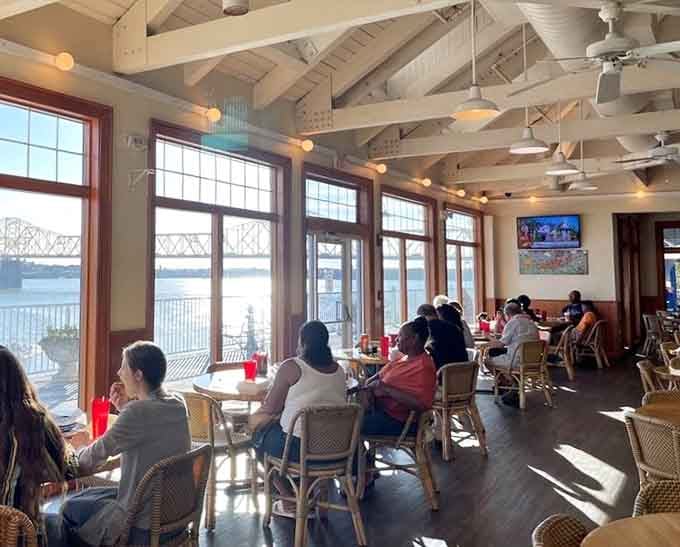 Sunlight streaming through those windows while diners enjoy their meals; this is vacation mode activated successfully.