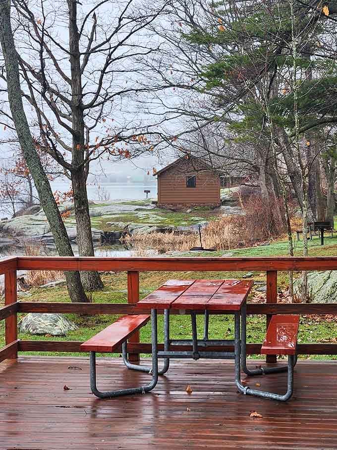 Even on a rainy autumn day, that wet red picnic table on the deck with a misty river cabin backdrop looks like a painting you'd hang in your living room.